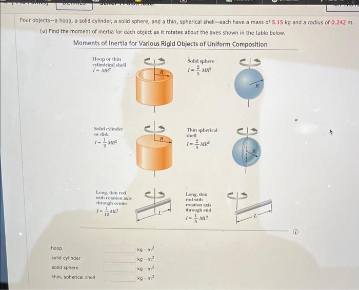 Solved Four objects-a hoop, a solid cylinder, a solid | Chegg.com