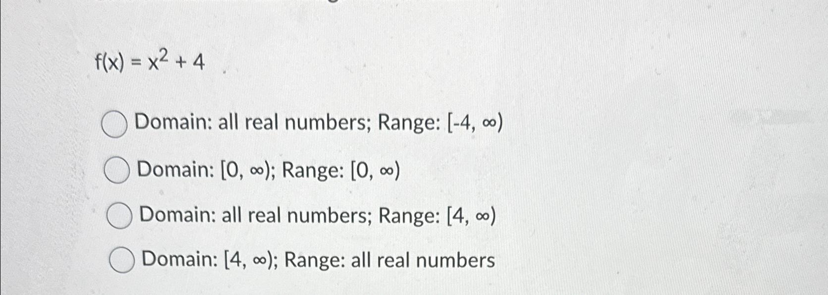 Solved f(x)=x2+4Domain: all real numbers; Range: | Chegg.com