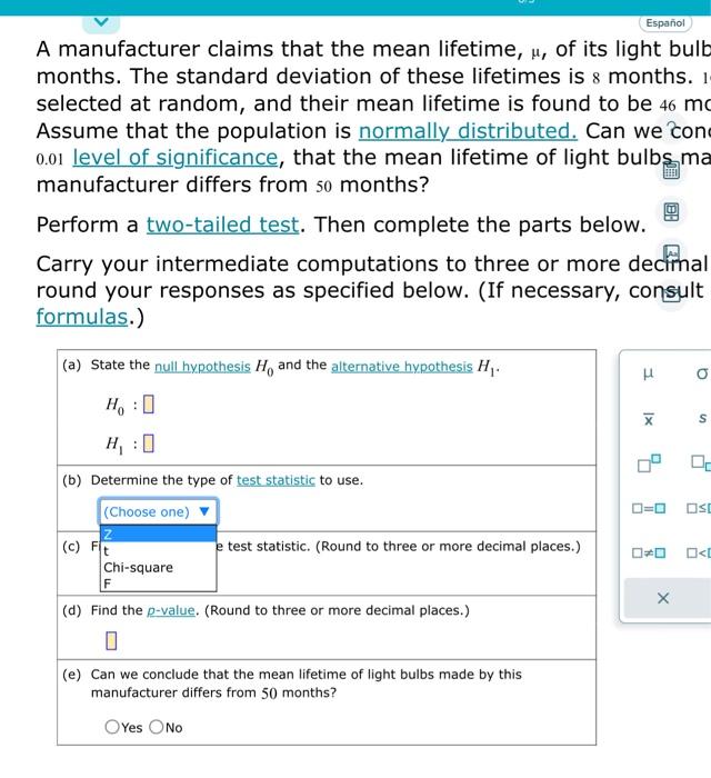 Solved A manufacturer claims that the mean lifetime, μ, of | Chegg.com