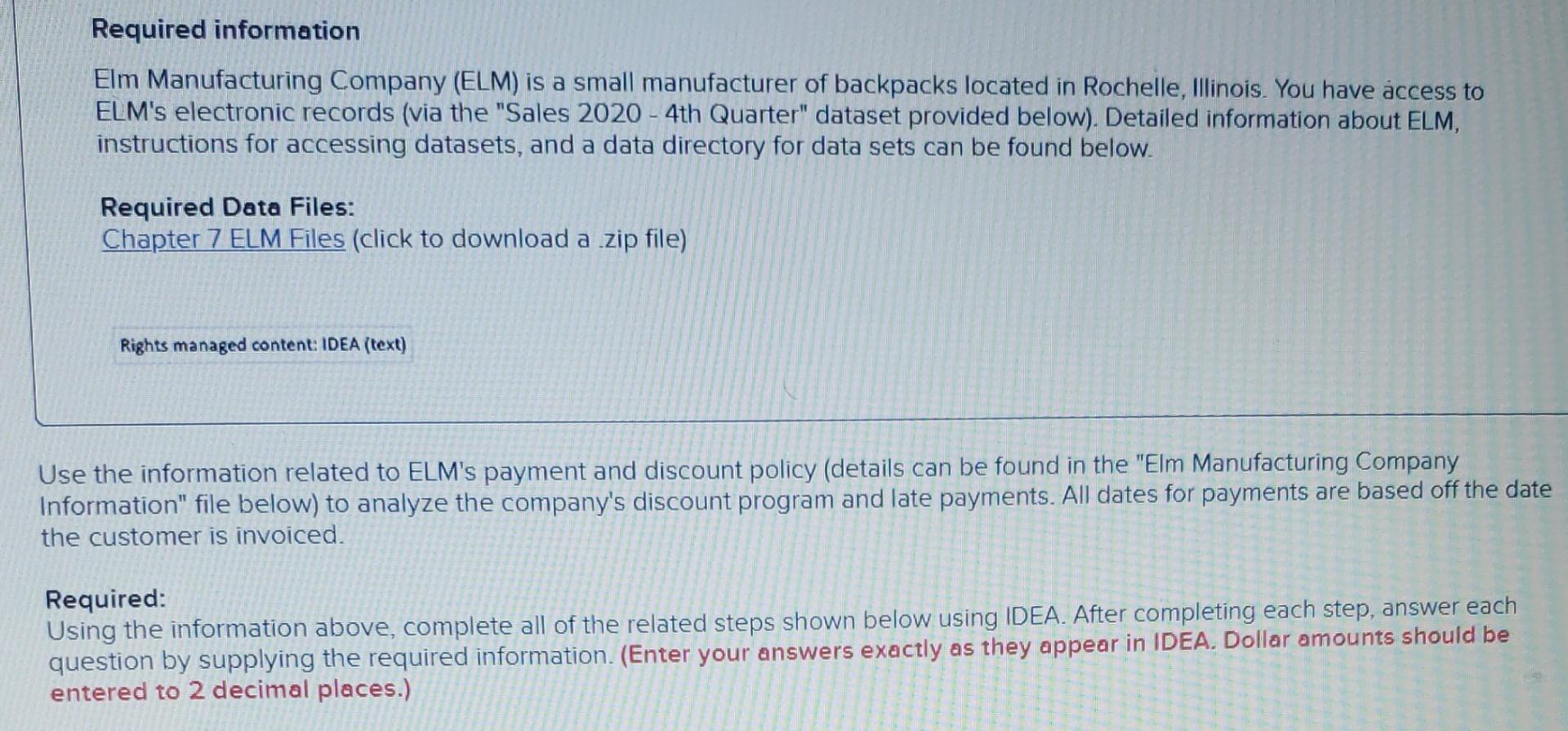 Required information Elm Manufacturing Company (ELM) | Chegg.com