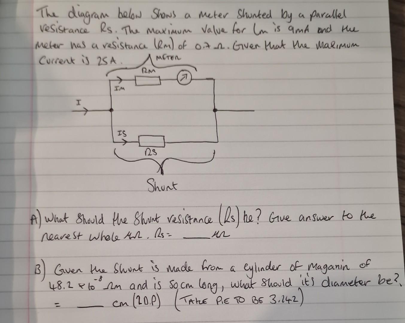 Solved The diagram kelow shows a meter shunted by a parallel | Chegg.com