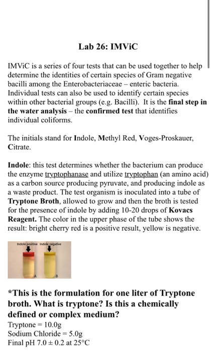 Solved Lab 26: IMVIC IMViC is a series of four tests that | Chegg.com
