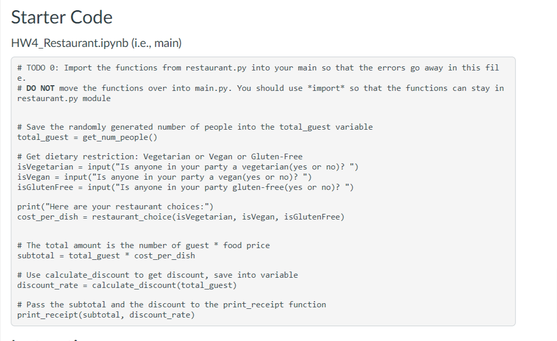 Solved Starter Code.from restaurant.py import( | Chegg.com