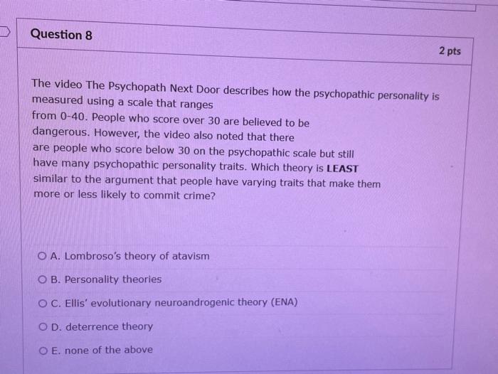 Solved ) Question 8 2 pts The video The Psychopath Next Door | Chegg.com