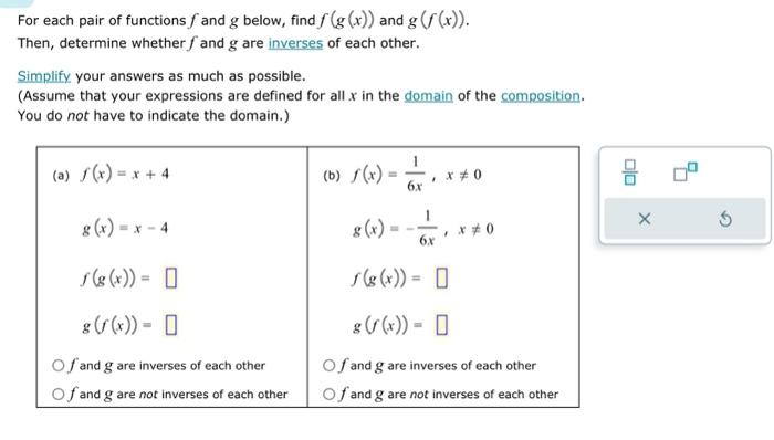 Solved For each pair of functions f and g below, find | Chegg.com
