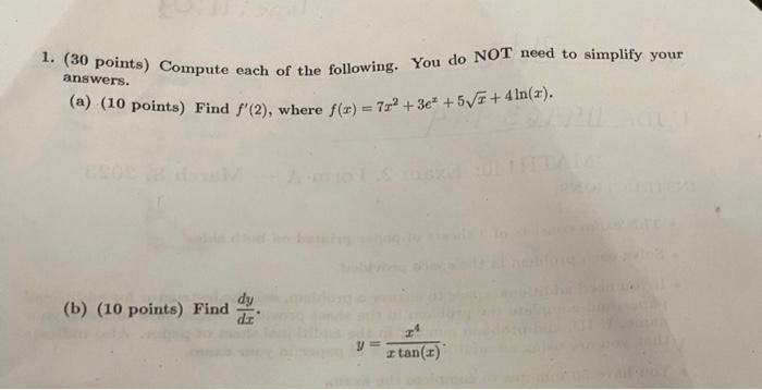 Solved 1. (30 points) Compute each of the following. You do | Chegg.com