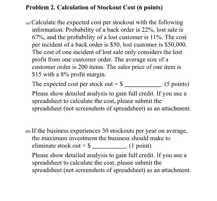 Solved Problem 2. Calculation of Stockout Cost (6 points) | Chegg.com