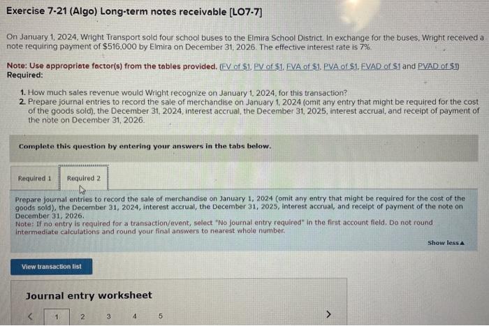 Solved Exercise 7-21 (Algo) Long-term notes receivable | Chegg.com