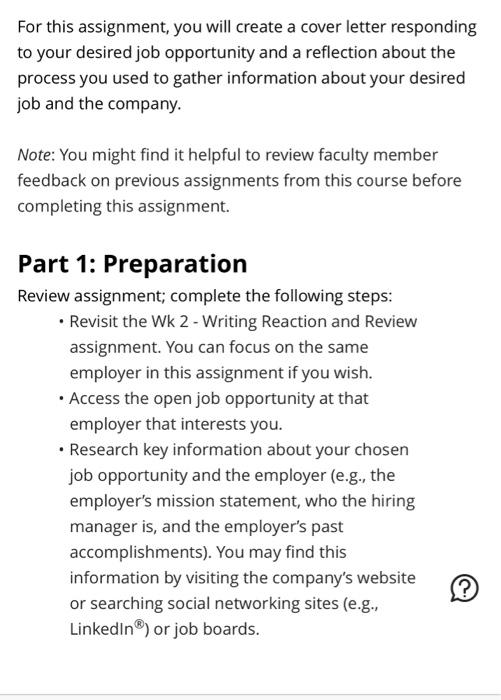 Solved For this assignment, you will create a cover letter | Chegg.com