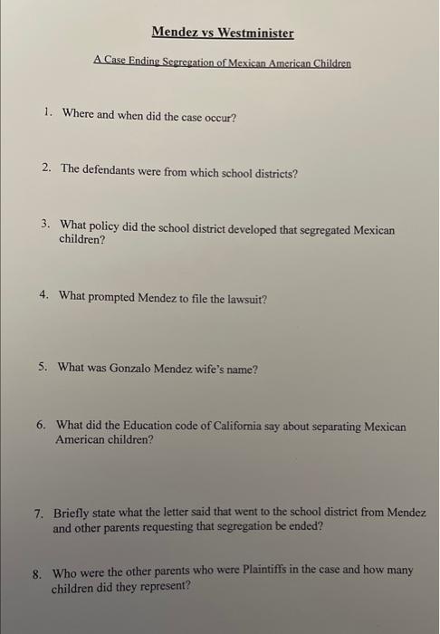 Solved Mendez vs Westminister A Case Ending Segregation of | Chegg.com