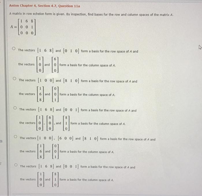 Solved Anton Chapter 4, Section 4.7, Question 11a A matrix | Chegg.com