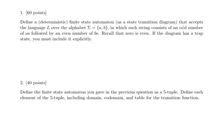 Solved 1. [60 points) Define a deterministic) finite state | Chegg.com