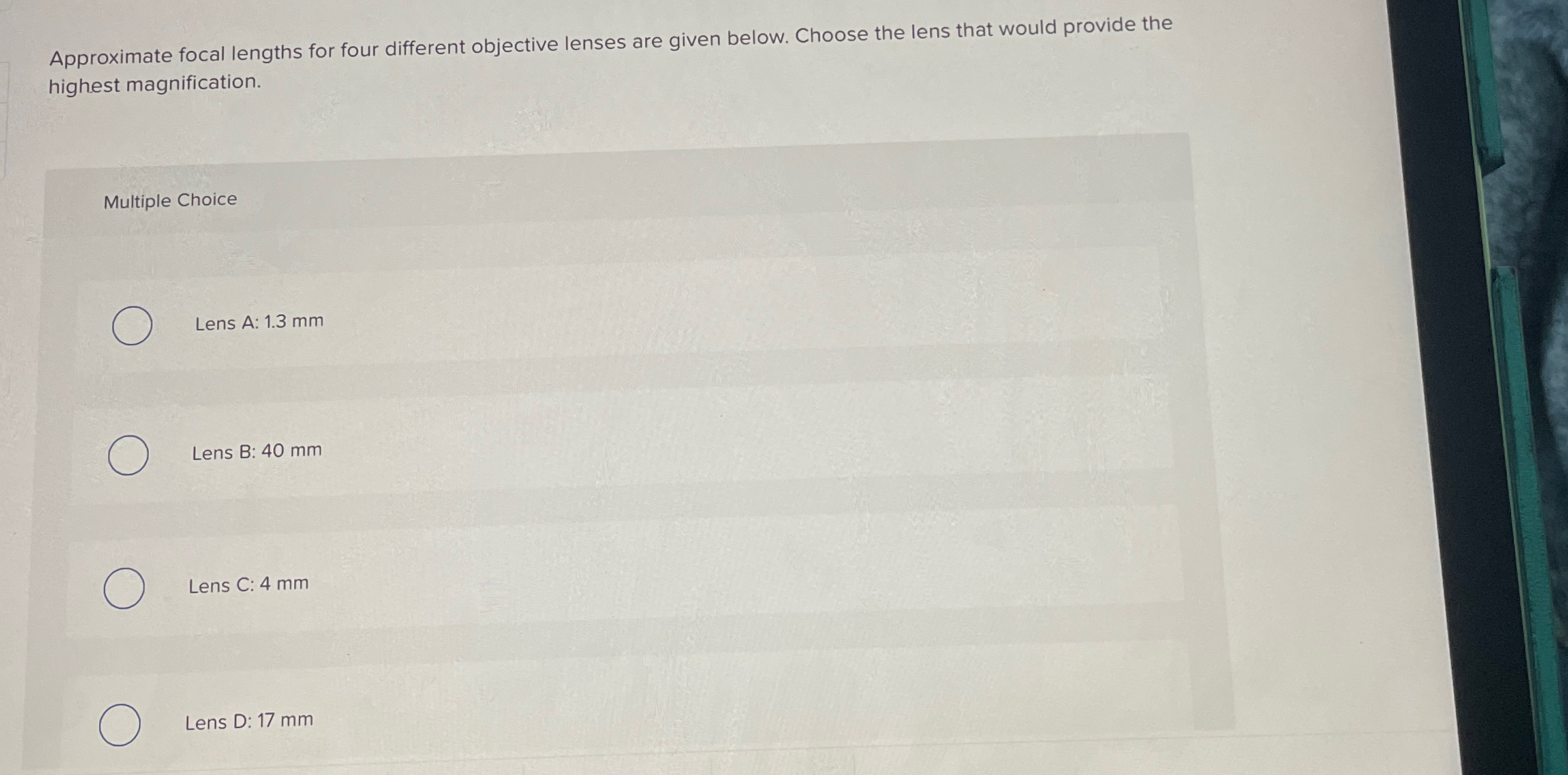 Solved Approximate focal lengths for four different | Chegg.com