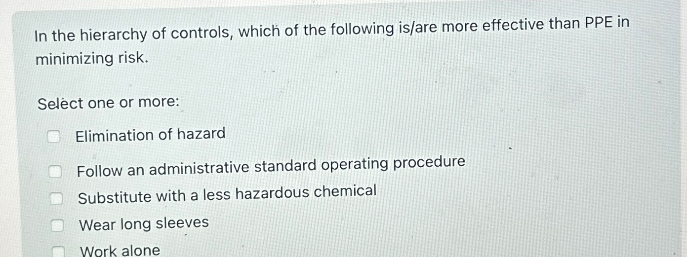 Solved In the hierarchy of controls, which of the following | Chegg.com