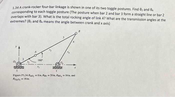 Solved 1.34 A crank-rocker four-bar linkage is shown in one | Chegg.com