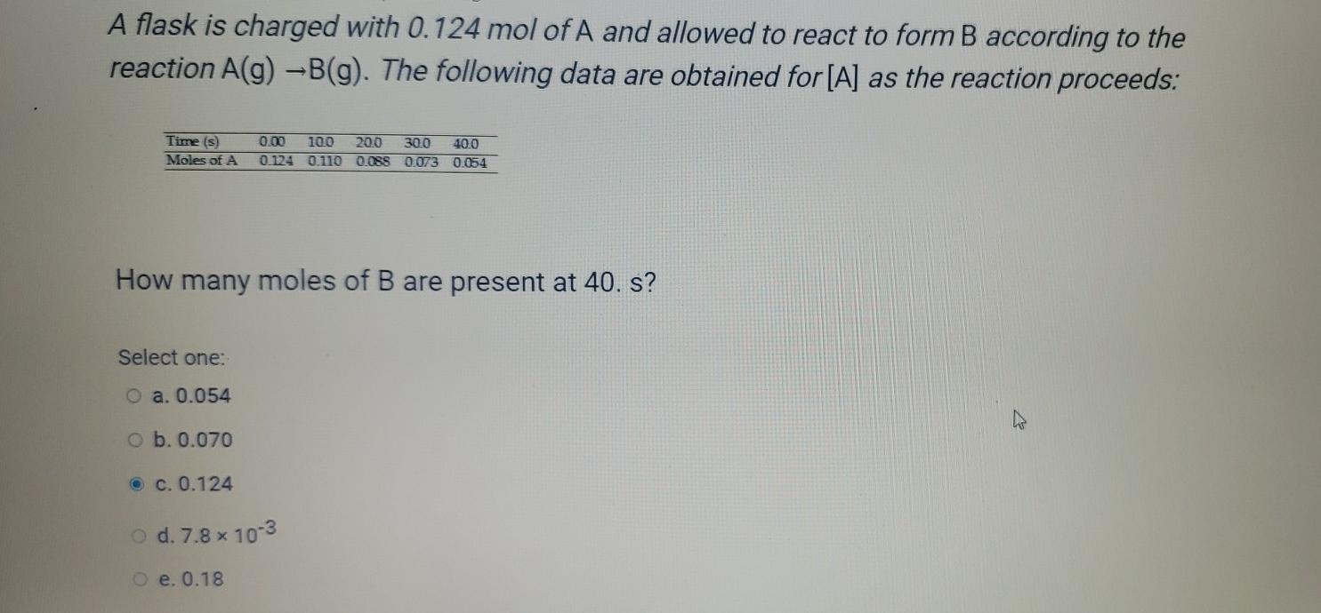 Solved A flask is charged with 0.124 mol of A and allowed to | Chegg.com