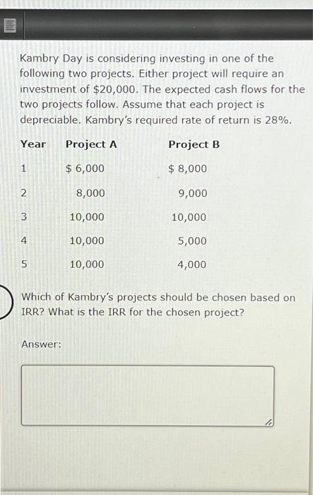 Kambry Day is considering investing in one of the | Chegg.com