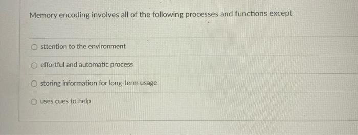 Solved Memory encoding involves all of the following | Chegg.com