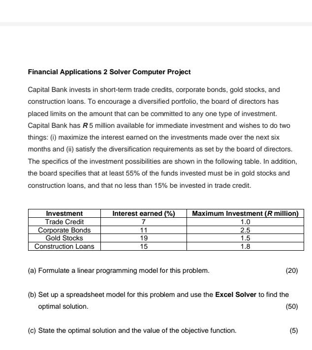 Solved Financial Applications 2 Solver Computer Project | Chegg.com