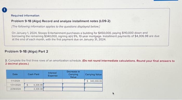 Required information Problem 9-1B (Algo) Record and | Chegg.com