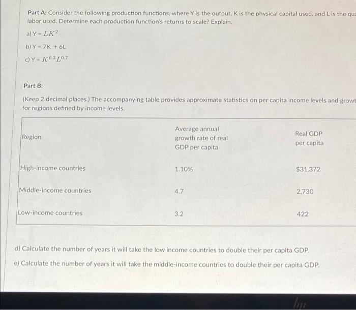 Solved Part A: Consider the following production functions, | Chegg.com