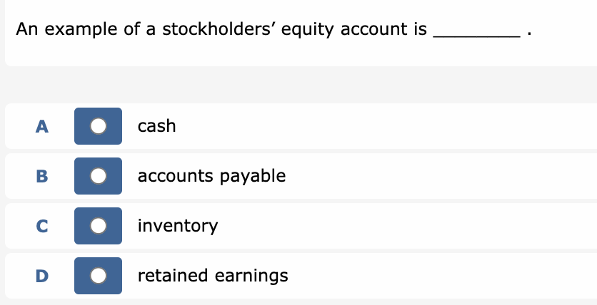 Solved An example of a stockholders' equity account isA | Chegg.com