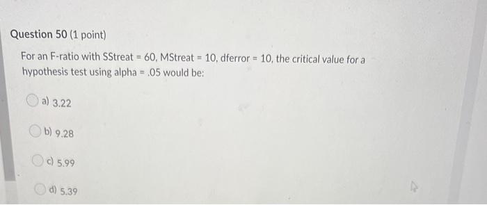 Solved for a f ratio with SS treat = 60, MS treat=10 , df | Chegg.com
