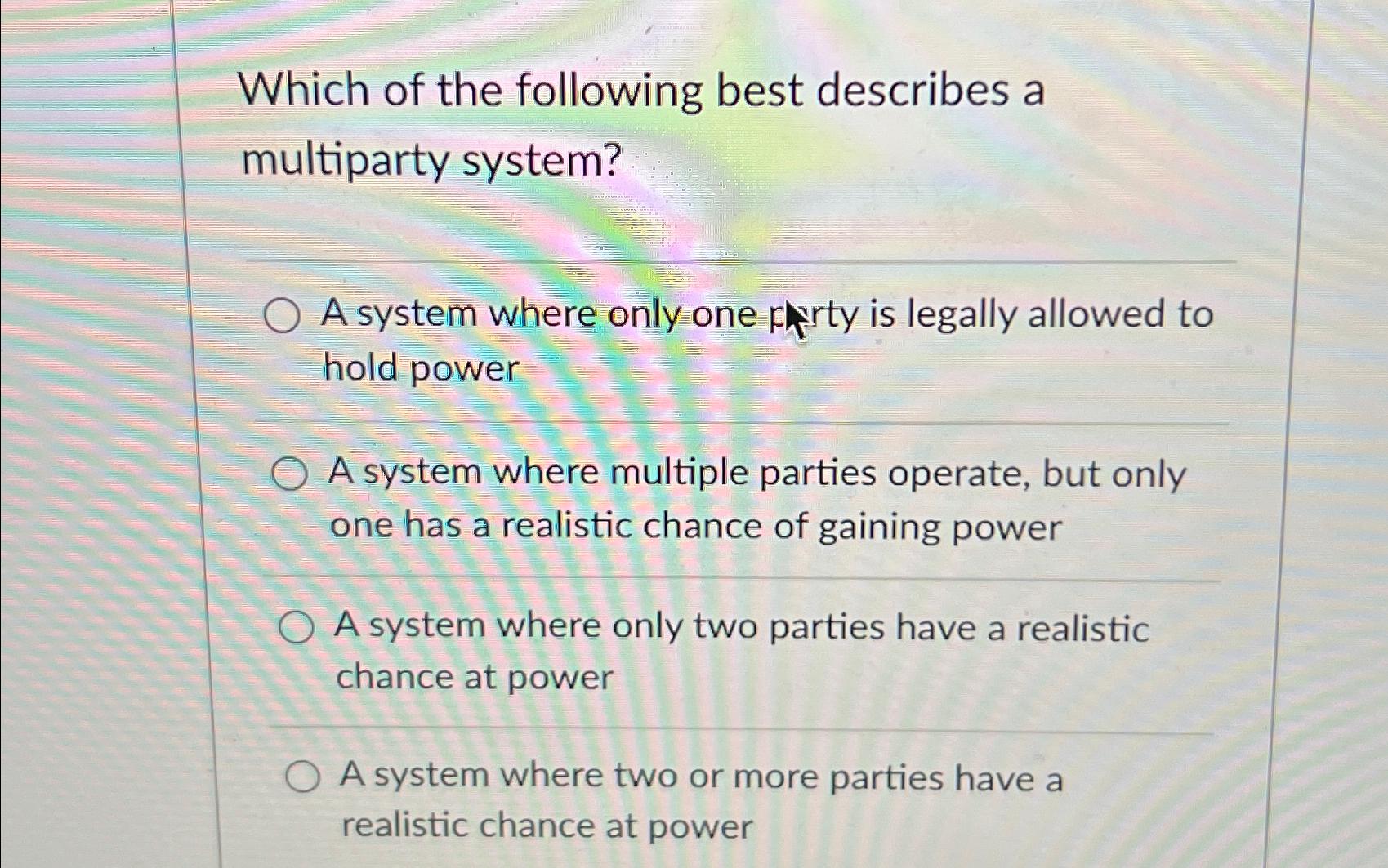 Solved Which of the following best describes a multiparty | Chegg.com