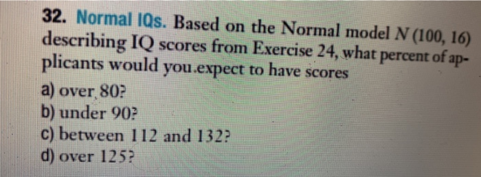 Solved 32. Normal IQs. Based on the Normal model N (100, | Chegg.com