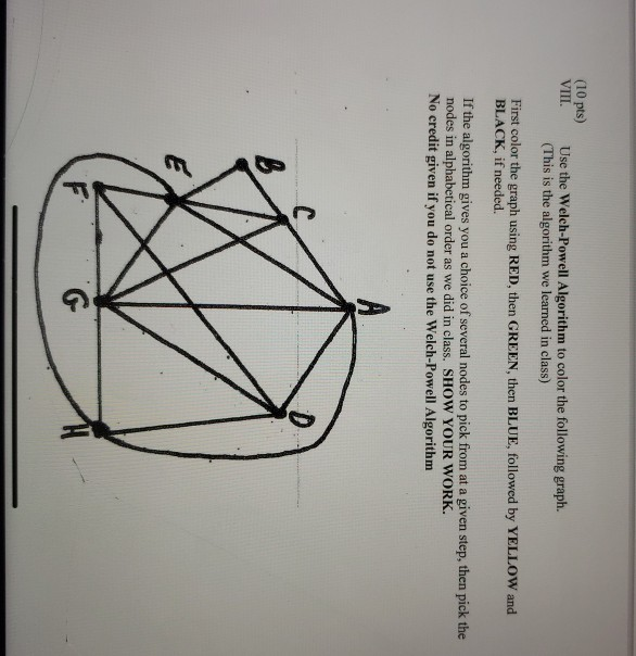 Solved (10 pts) VIII. Use the Welch-Powell Algorithm to | Chegg.com