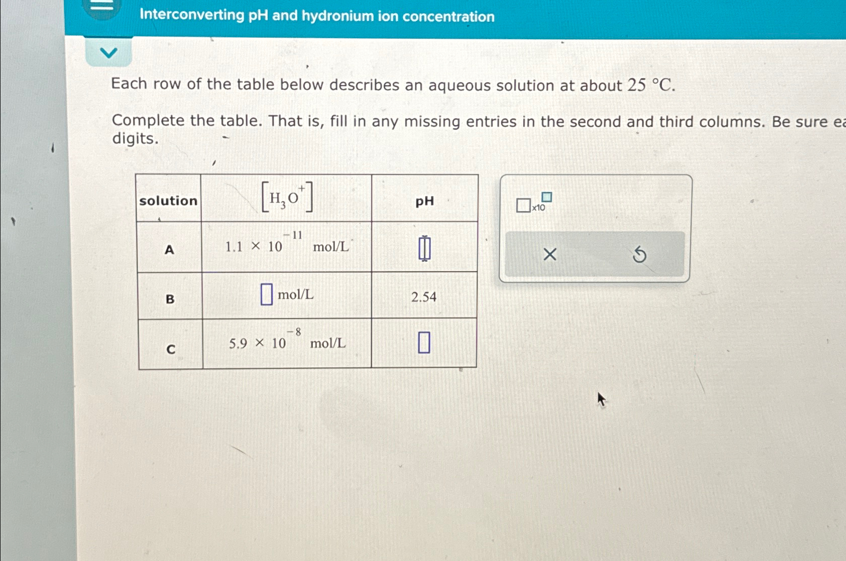 Solved Interconverting pH and hydronium ion | Chegg.com