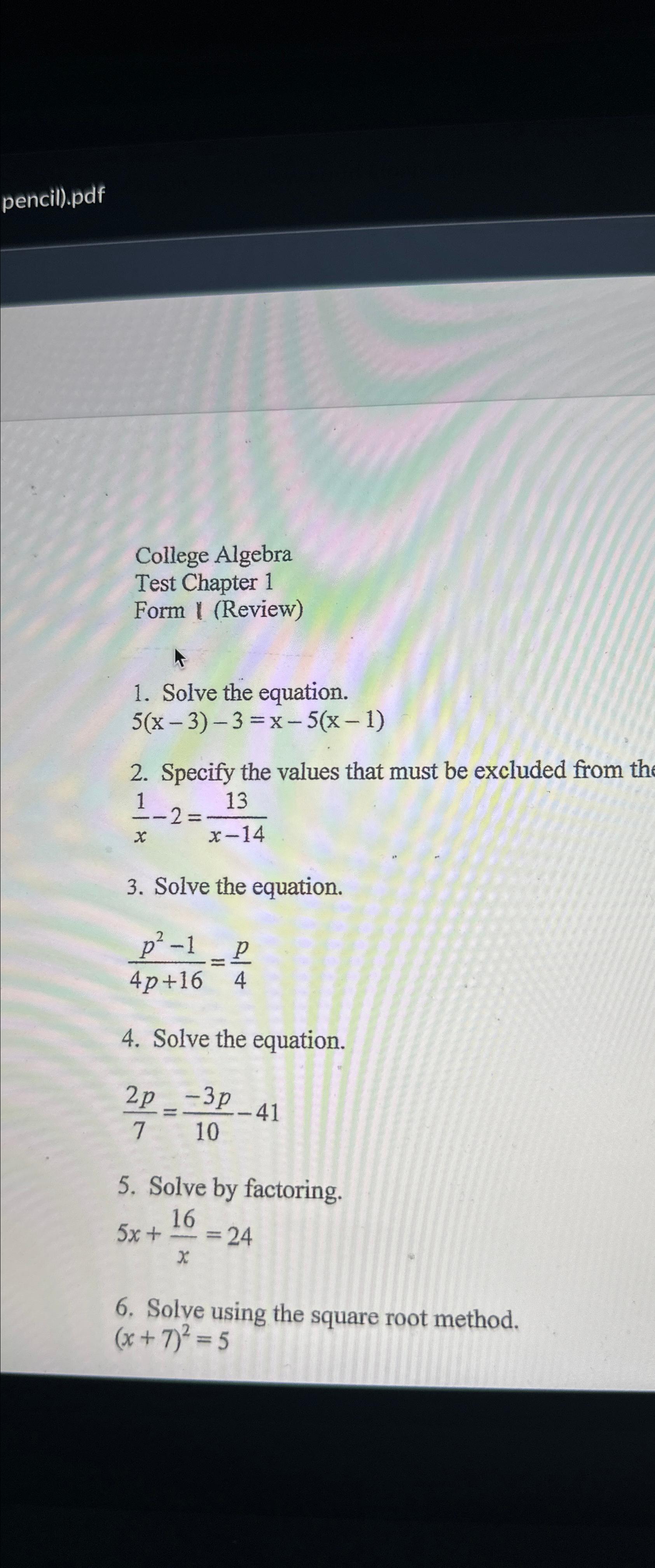 Solved pencil).pdfCollege AlgebraTest Chapter 1Form I | Chegg.com