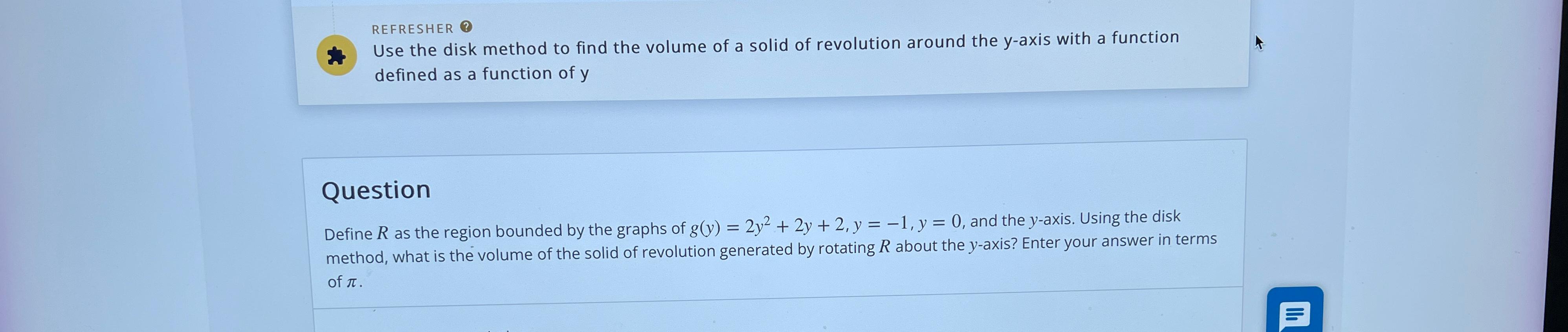 Solved REFRESHER ?Use the disk method to find the volume of | Chegg.com