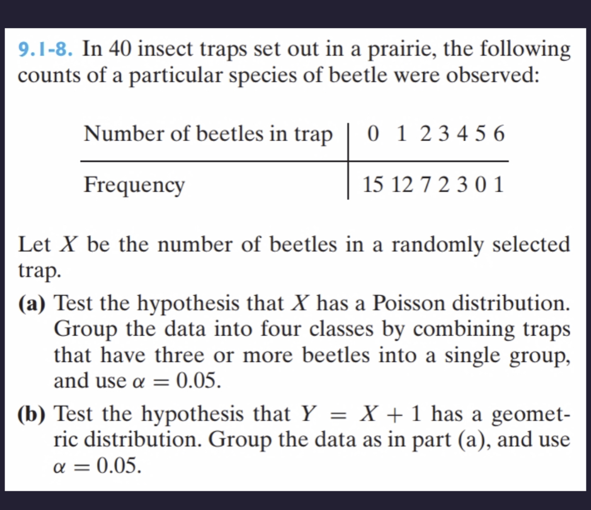 Solved 9.1-8. ﻿In 40 ﻿insect traps set out in a prairie, the | Chegg.com