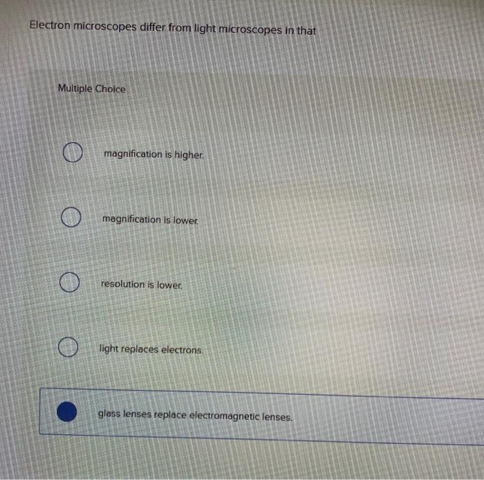 Solved Electron microscopes differ from light microscopes in | Chegg.com