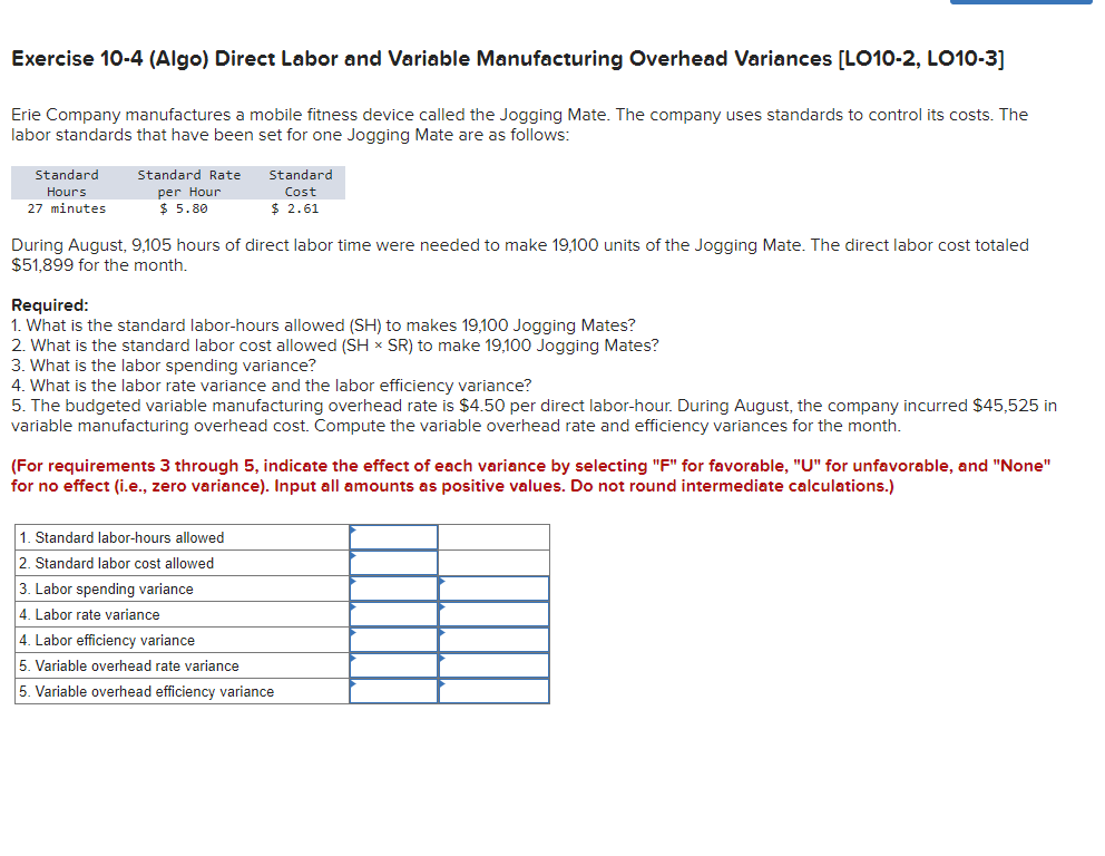 Solved Exercise 10-4 (Algo) ﻿Direct Labor and Variable | Chegg.com