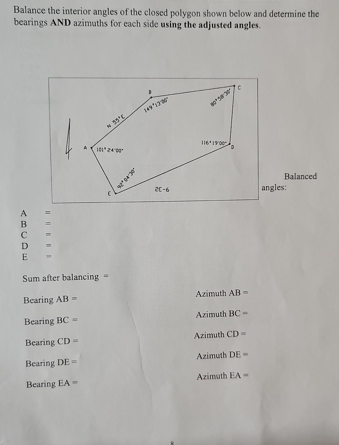 Balance the interior angles of the closed polygon | Chegg.com