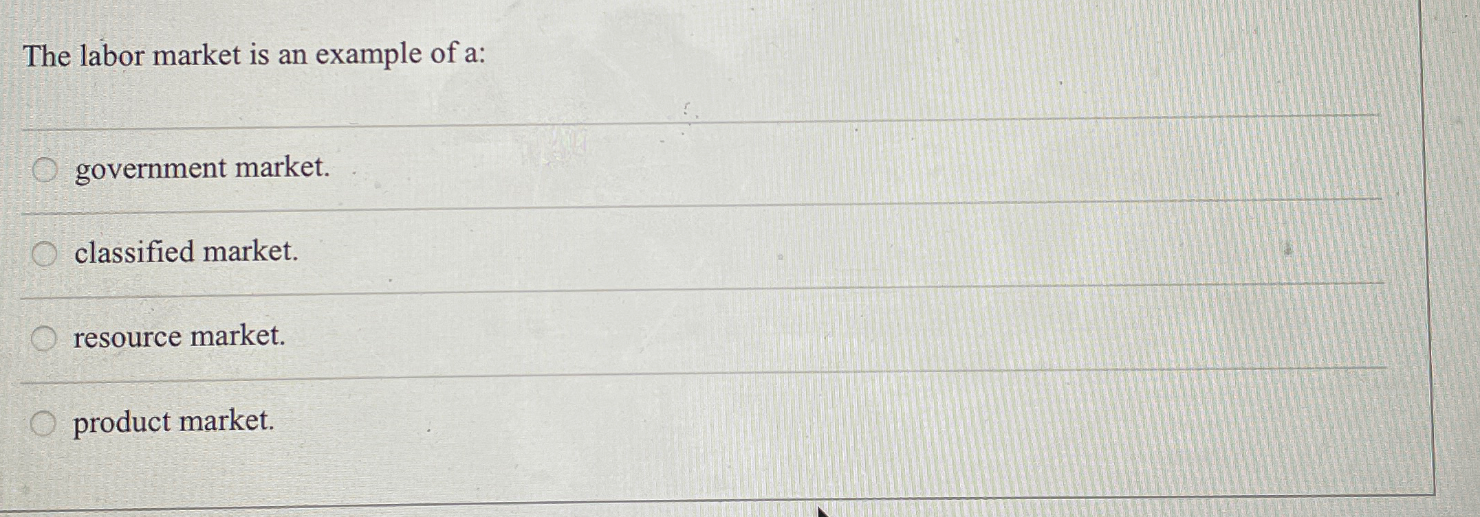 Solved The labor market is an example of a:government | Chegg.com