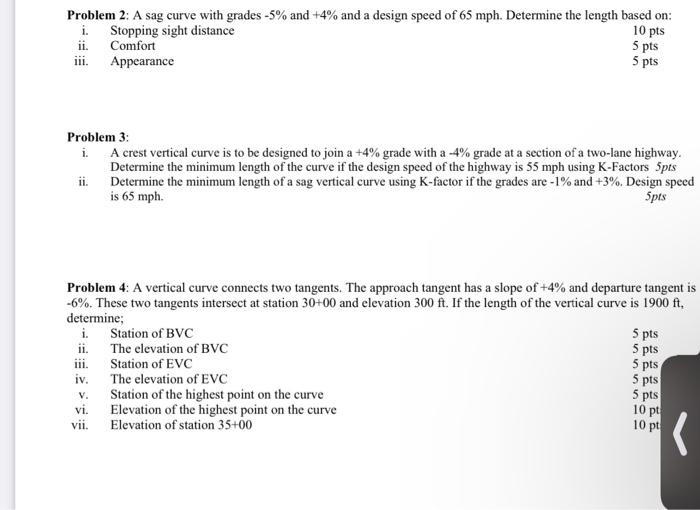 Solved Problem 2: A sag curve with grades −5% and +4% and a | Chegg.com