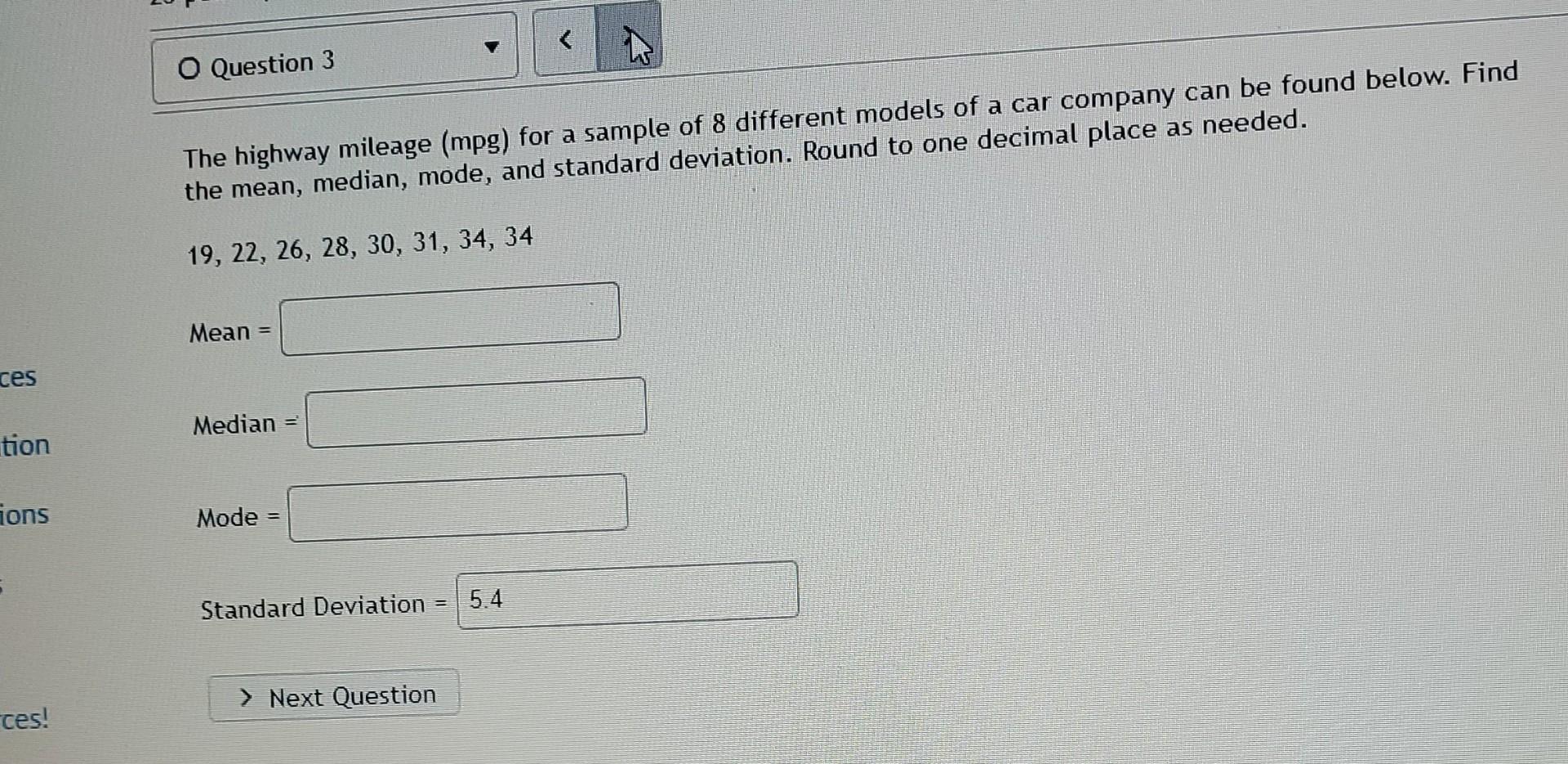Solved The highway mileage (mpg) for a sample of 8 different | Chegg.com