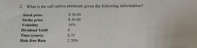 Solved 2. What is the call option premium given the | Chegg.com