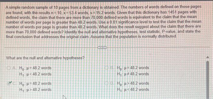 Solved A simple random sample of 10 pages from a dictionary | Chegg.com