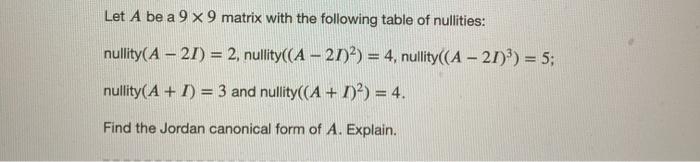Solved Let A be a 9 x 9 matrix with the following table of | Chegg.com