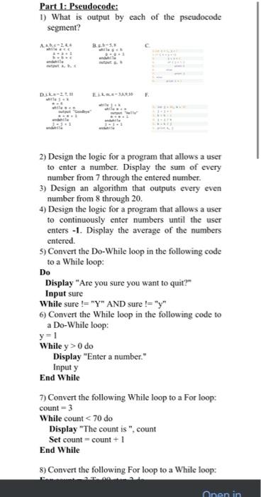 Solved Part 1: Pseudocode: 1) What is output by each of the | Chegg.com