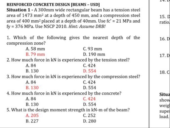 [Solved]: REINFORCED CONCRETE DESIGN [BEAMS - USD] Situation