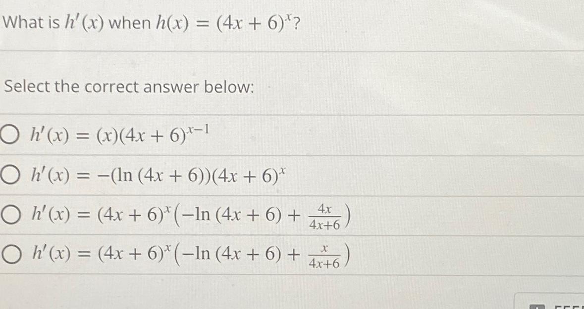 Solved What is h'(x) ﻿when h(x)=(4x+6)x?Select the correct | Chegg.com