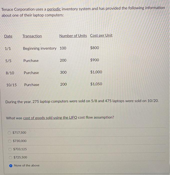Solved Tenace Corporation uses a periodic inventory system | Chegg.com Solved Tenace Corporation uses a periodic inventory system | Chegg.com
