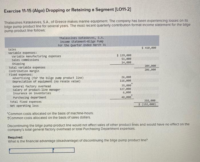 Solved Exercise 11-15 (Algo) Dropping or Retaining a Segment | Chegg.com