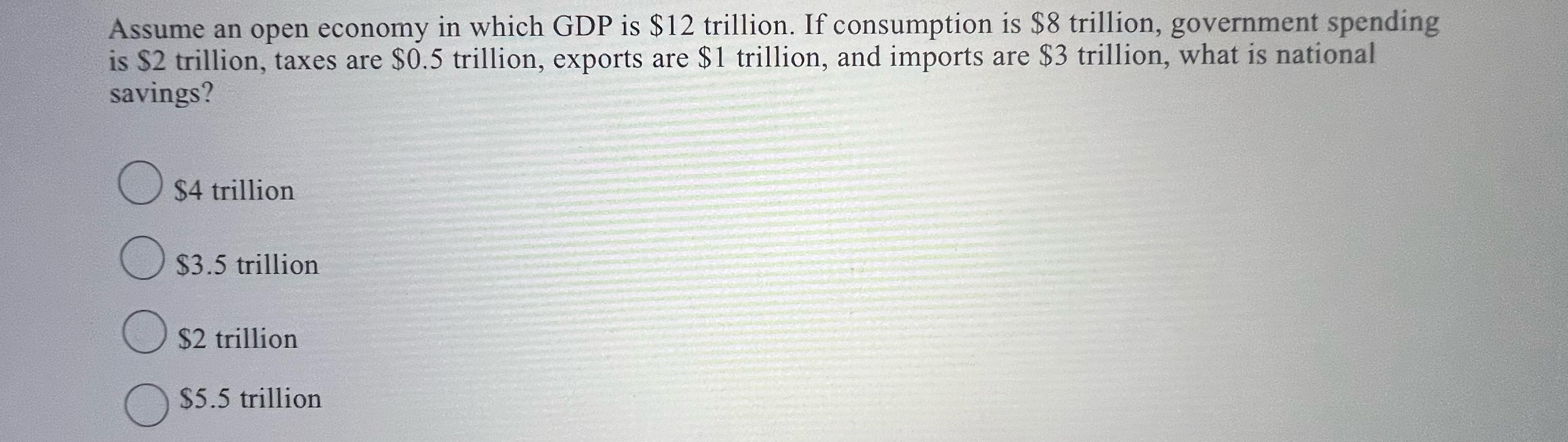 Solved Assume an open economy in which GDP is $12 ﻿trillion. | Chegg.com