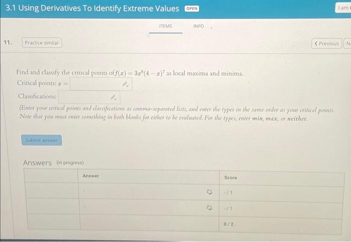 Solved 3.1 Using Derivatives To Identify Extreme Values 11. | Chegg.com